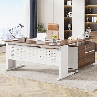 63" Executive Desk with File Cabinet, Large Office Desk L Shaped ...