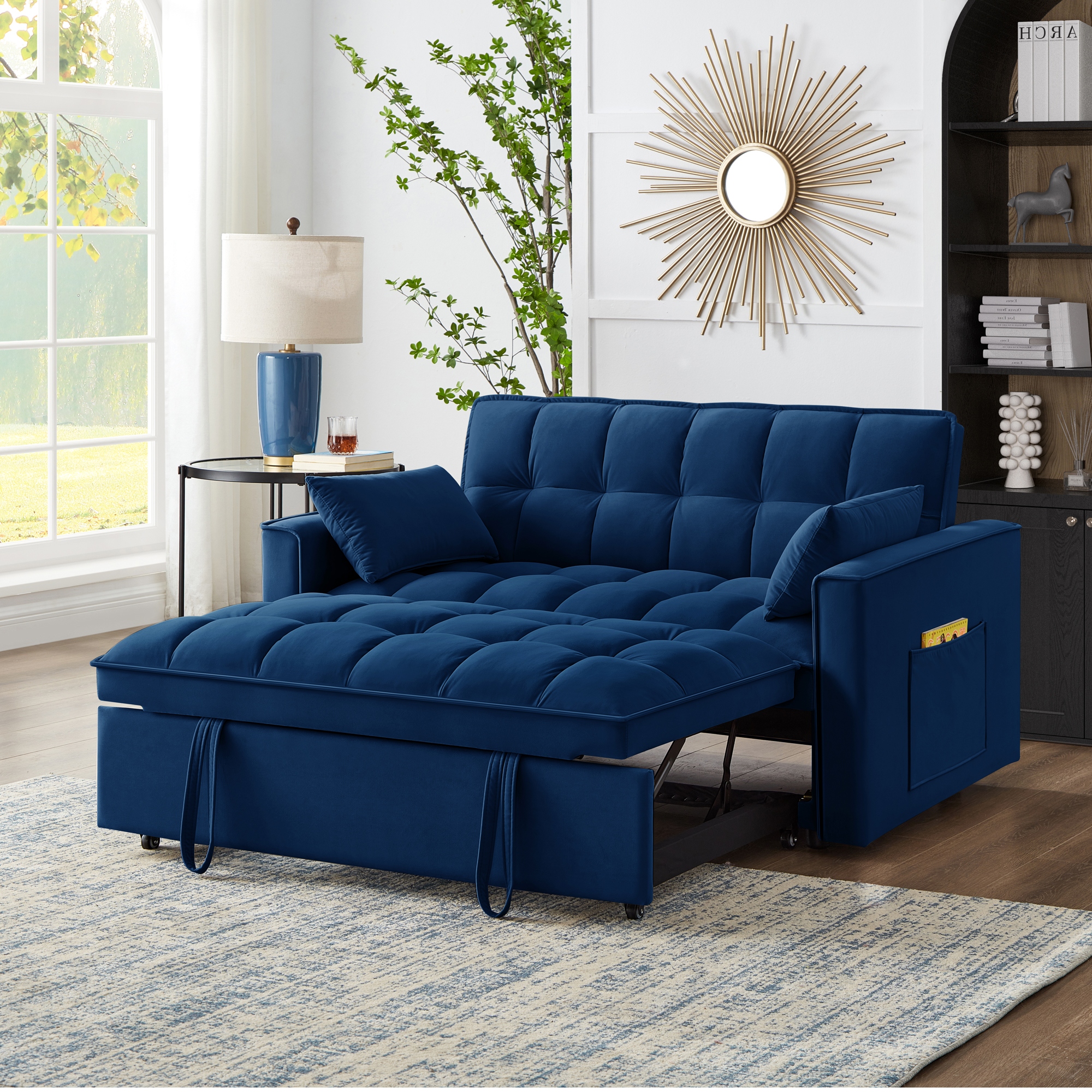Blue velvet convertible sofa store
