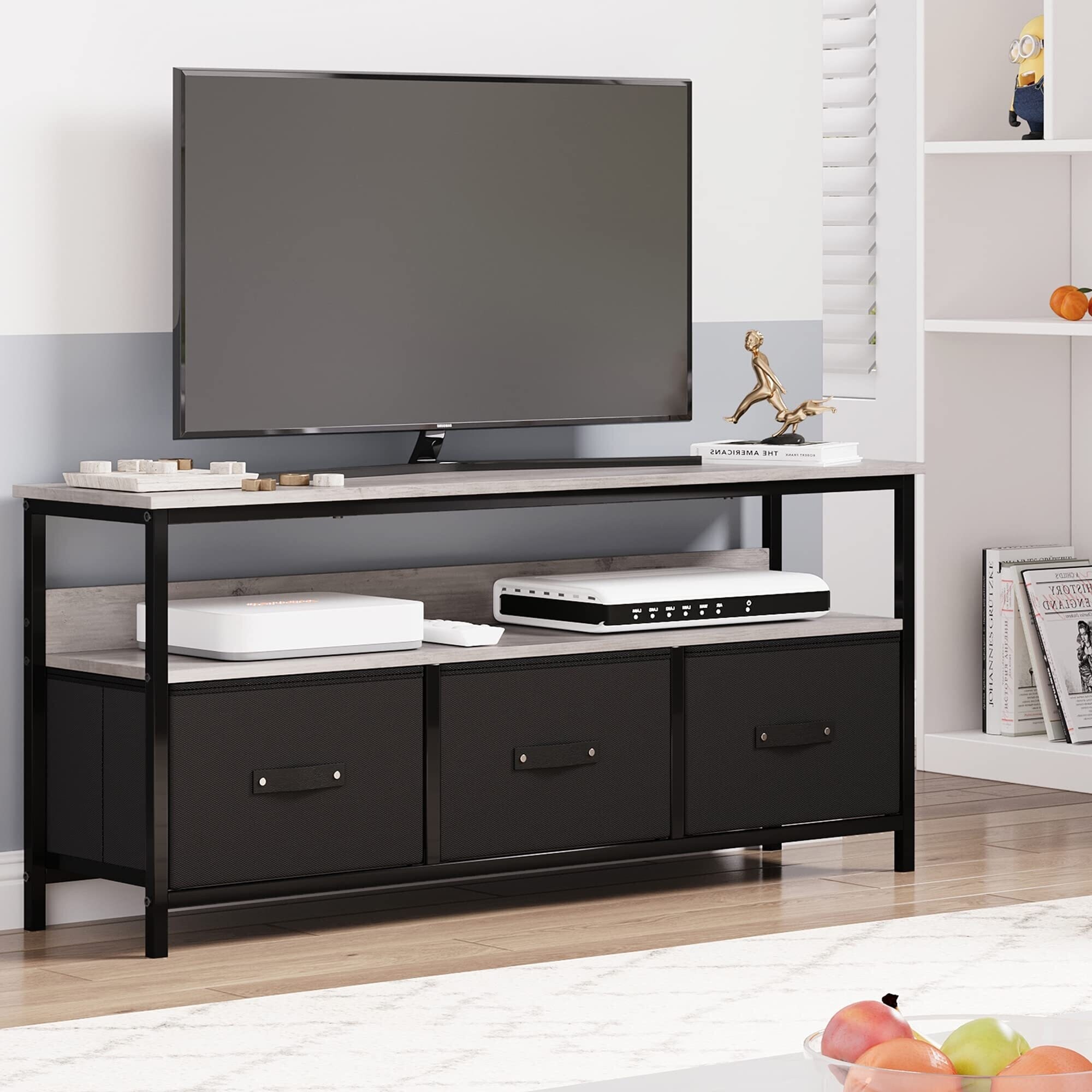 55 Inch TV Stand for Bedroom Small TV Stand Dresser with Drawers and Shelves Grey