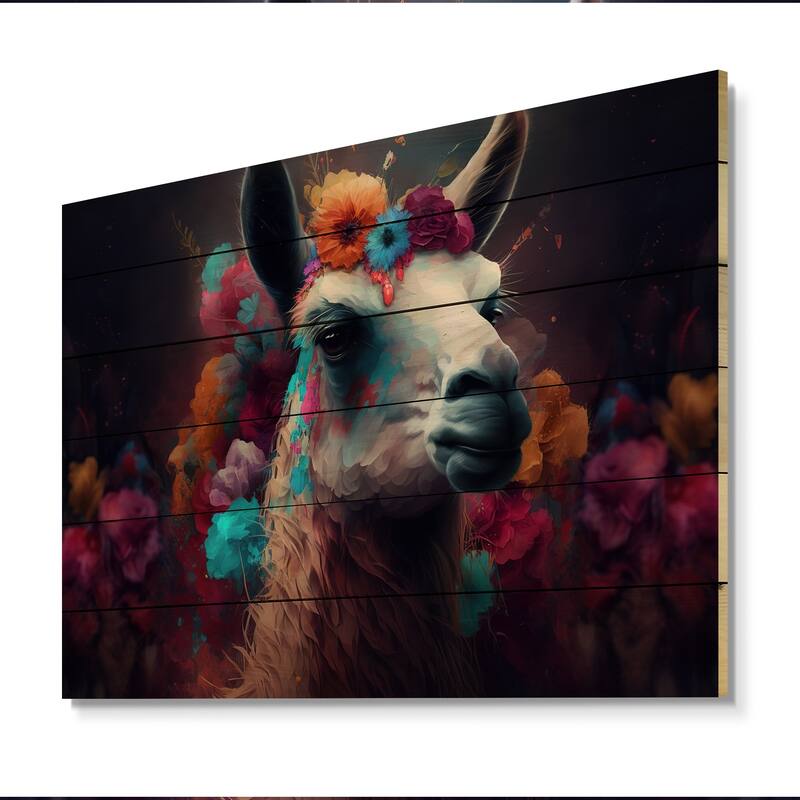 Designart 'Floral Lama I' Animals Llama Wood Wall Art - Natural Pine ...