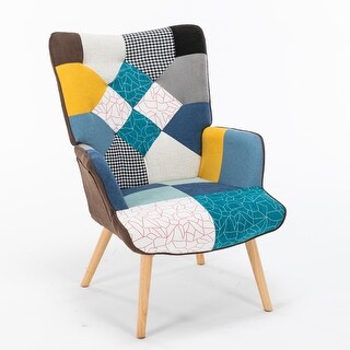 Patchwork Accent Chair with Solid Wood Armrest and Feet for Living Room ...