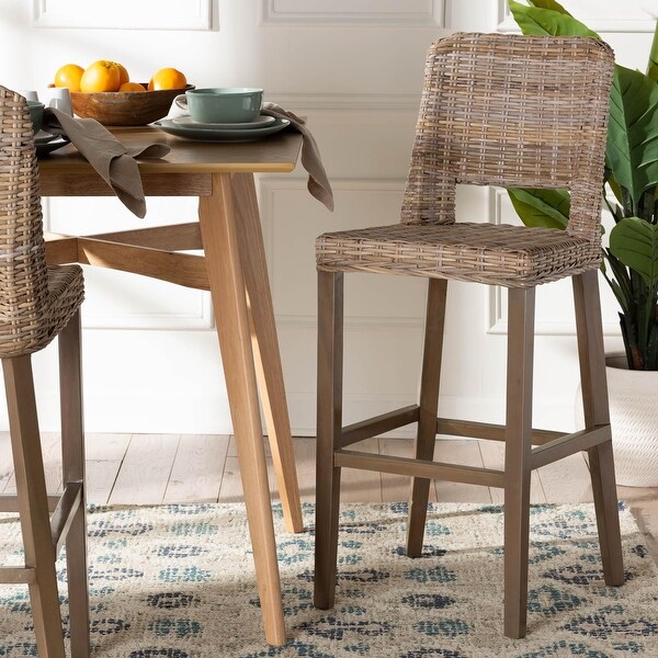 Magy Modern Bohemian Grey Kubu Rattan and Mahogany Wood Bar Stool On Sale Bed Bath Beyond 40280792