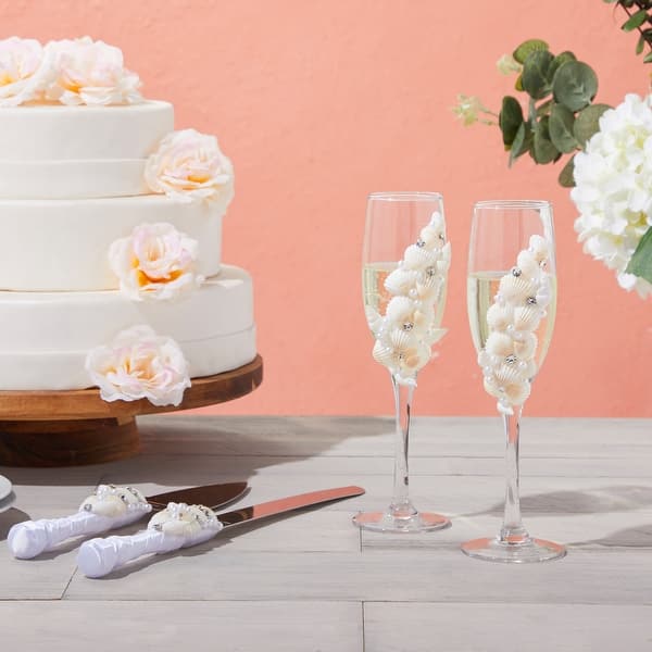 Seashell Champagne Flutes and Cake Server Set for Beach Wedding (4 ...