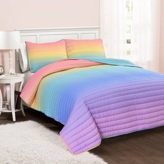 Multi-Color Rainbow Polyester Quilt Set Including Pillow Sham - Bed ...