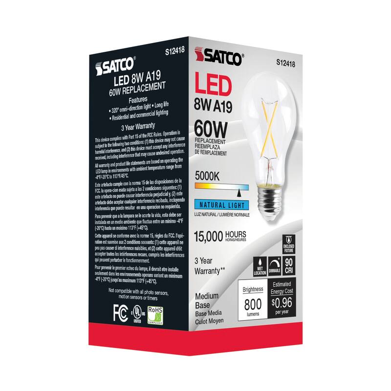 8 Watt LED A19 Clear Medium Base 5000K 90 CRI 120 Volt - N/A - Bed Bath & Beyond - 33705294