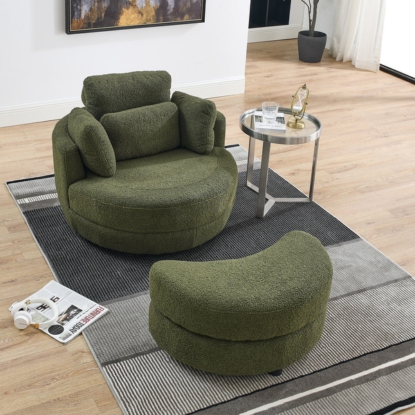 Modern Accent Round Loveseat Circle Swivel Barrel Chairs for Bedroom Cuddle Sofa Chair Lounger Armchair 4 Pillows Teddy Fabric