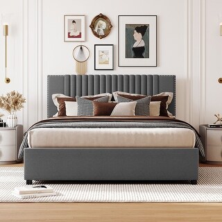 Gray Classic Queen Size Linen Upholstered Bed Frame w/ Storage Drawers ...