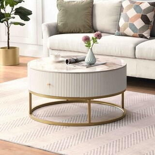 Round Coffee Table Snack Table with Two Drawers and Sturdy Metal Frame ...