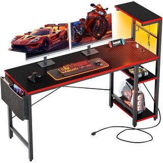 61 Inch Gaming Desk with Power Outlets, LED Lights, Reversible Shelves ...