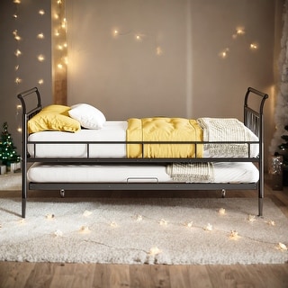 Full Size Metal Daybed with Curved Handle Design and Twin Size Trundle ...
