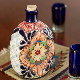 NOVICA Artisan Handblown Ceramic Tequila Decanter Oval Floral Motif ...