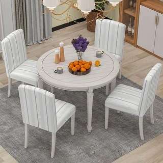 5-Piece Wood Fixed Round Dining Table Set w/Fabric Upholstered Chairs ...