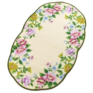 Colorful Floral Scalloped Ivory Soft Tufted Oval Rug - 29" x 48" - Bed ...