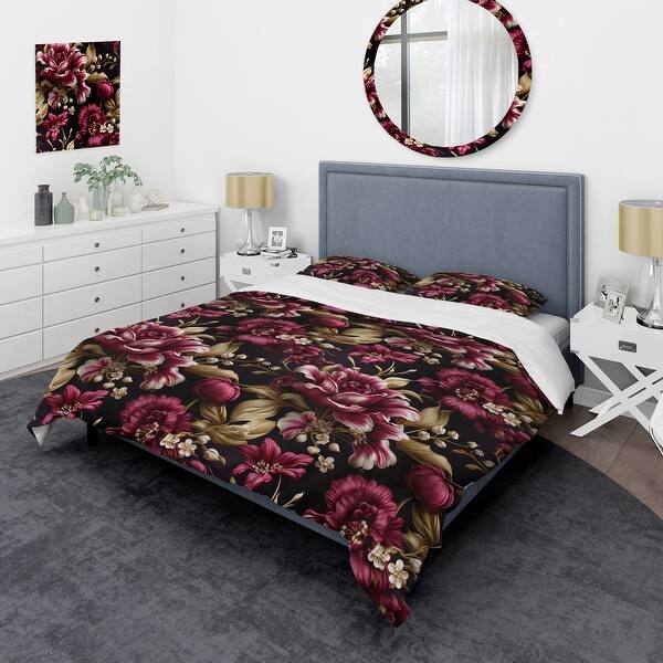Designart "Regal Burgundy Flowers Majesty Elegance III" Gold Glam ...