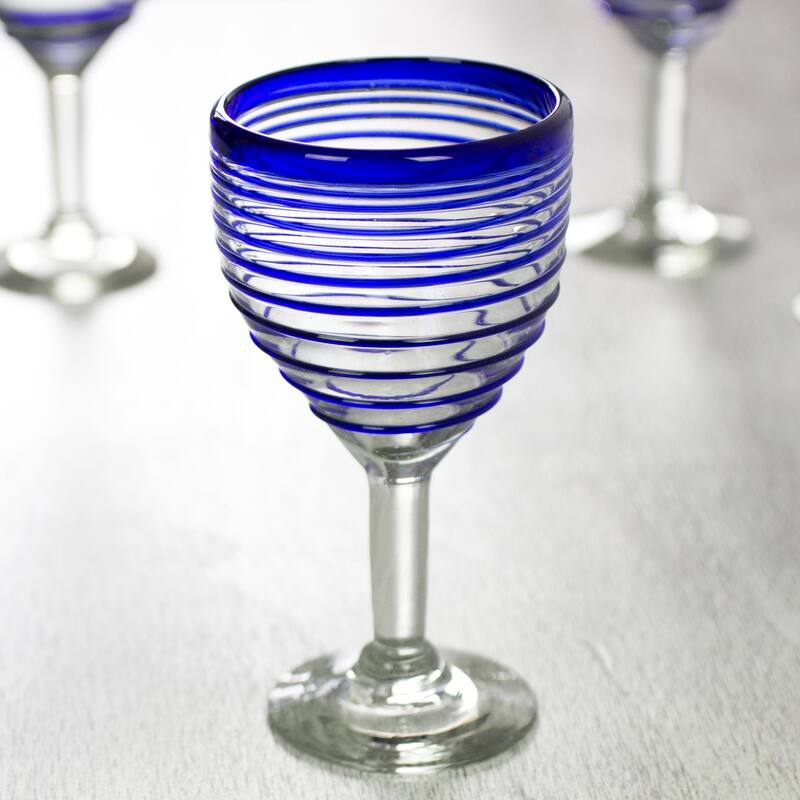 NOVICA Artisan Handblown Blue Accent Wine Glasses Recycled Mexican ...