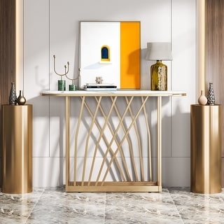 Modern Wood Narrow Console Table Gold Metal Legs White Faux Marble - 54 ...