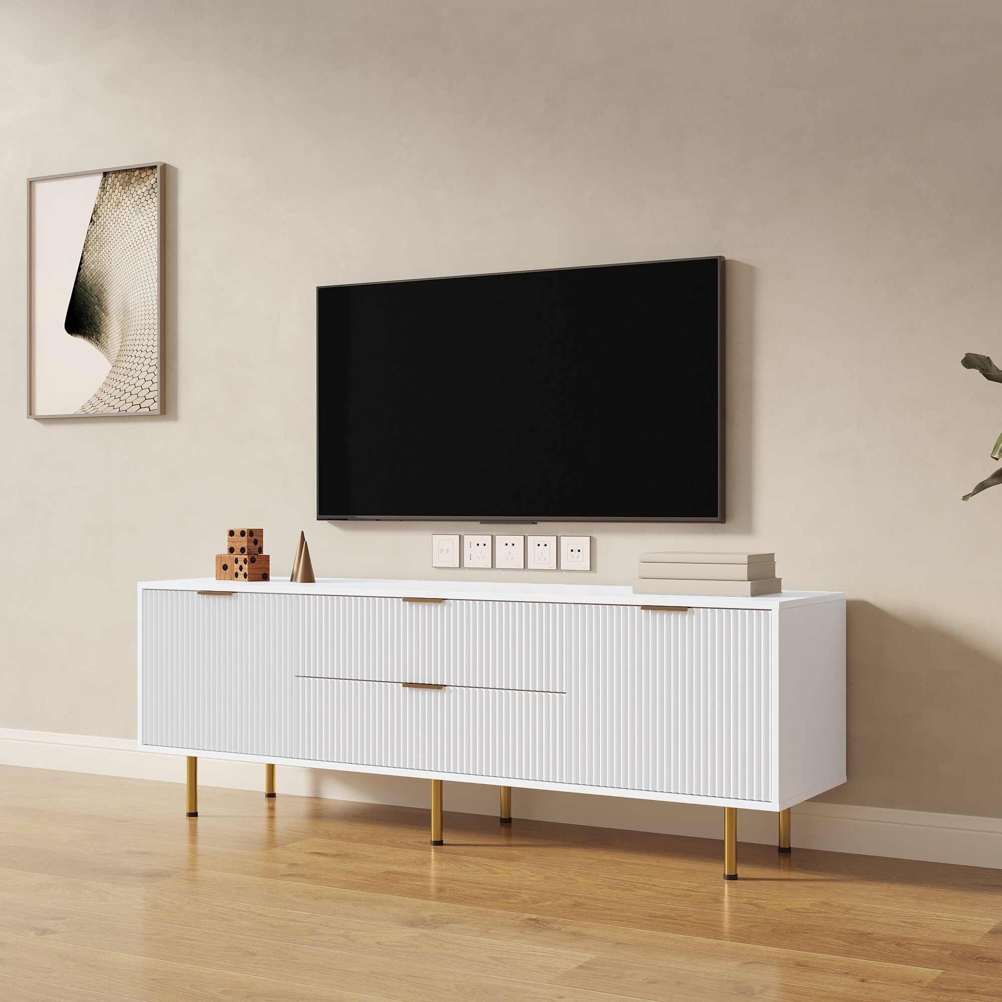 Elegant White TV Stand for 80 Inch TVs 2 Drawer Storage Durable Particle Board Ideal for Living Rooms Bed Bath Beyond 41673382