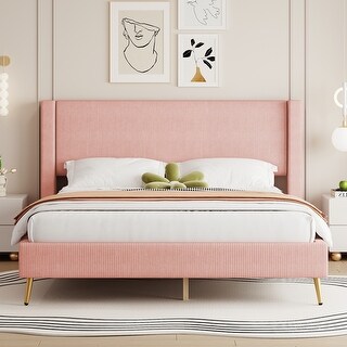 Queen Size Corduroy Platform Bed with Pink Wingback Headboard - Bed ...