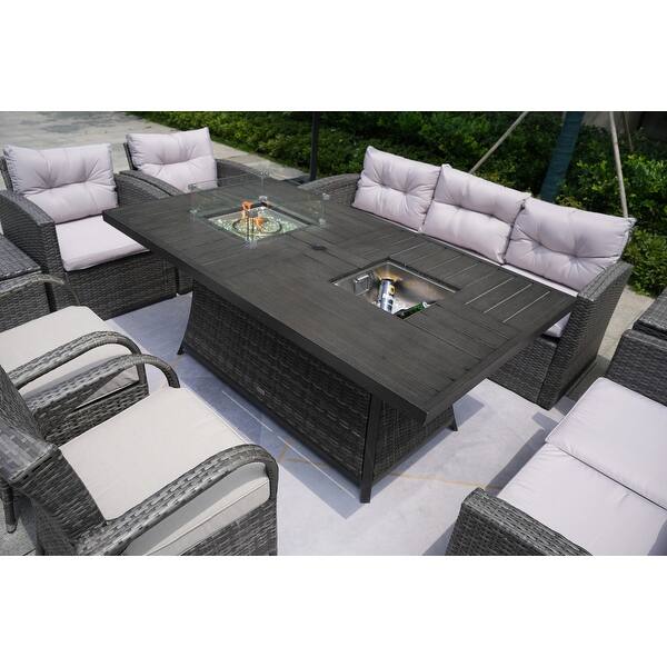 Patio Sofa Set With Gas Firepit and Ice Container Dining Table and ...