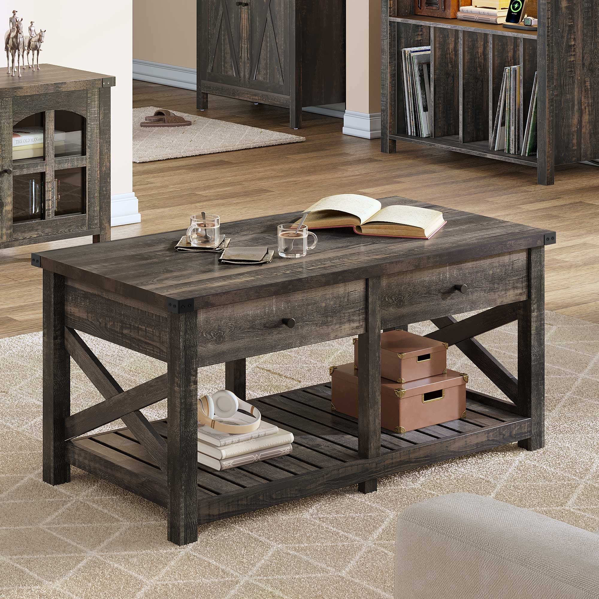 Moasis 2-Drawer Wood Coffee Table with Storage Shelf - On Sale - Bed ...