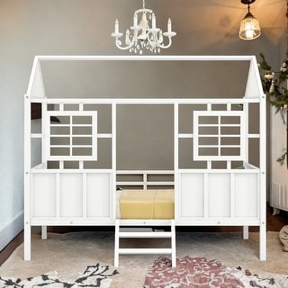 Twin Size Metal Low Loft House Bed with Roof and Two Front Windows ...