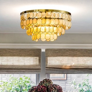 4-Light Round Coastal Capiz Tiered Flush Mount Ceiling Light With ...