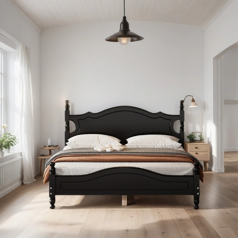 Wood Platform Bed Frame Retro Style Platform Bed with Wooden Slat ...