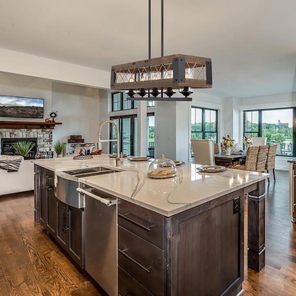 Farmhouse 32-in 5-Light Wood Chandelier Rustic Linear Island Pendant ...