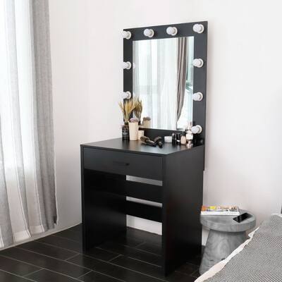 Single Drawer Dressing Table Black With Light - Overstock - 33098429