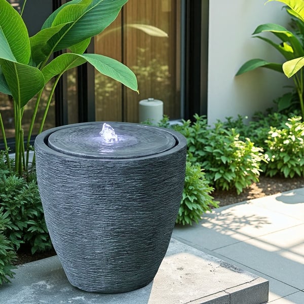 Round Gray Polyresin Water Floor Fountain Weather Resistant with LED ...