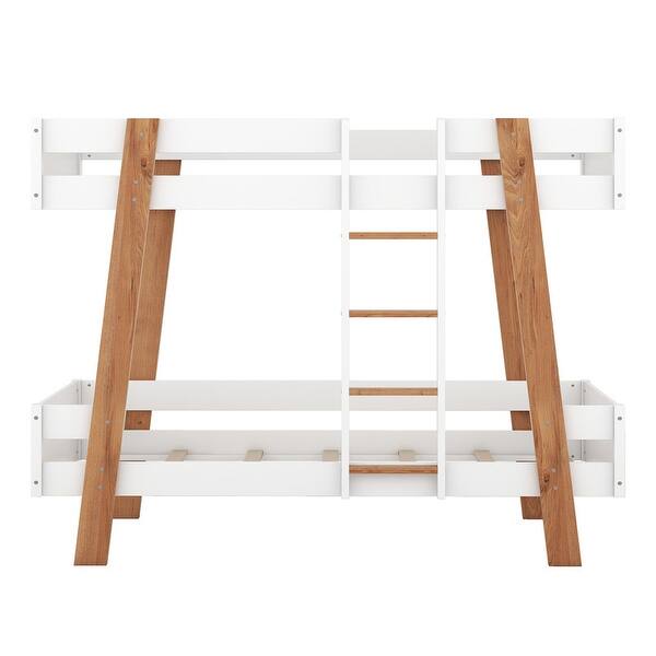 White Twin over Twin Wooden Bunk Bed with Built-in Ladder and 4 Wood ...
