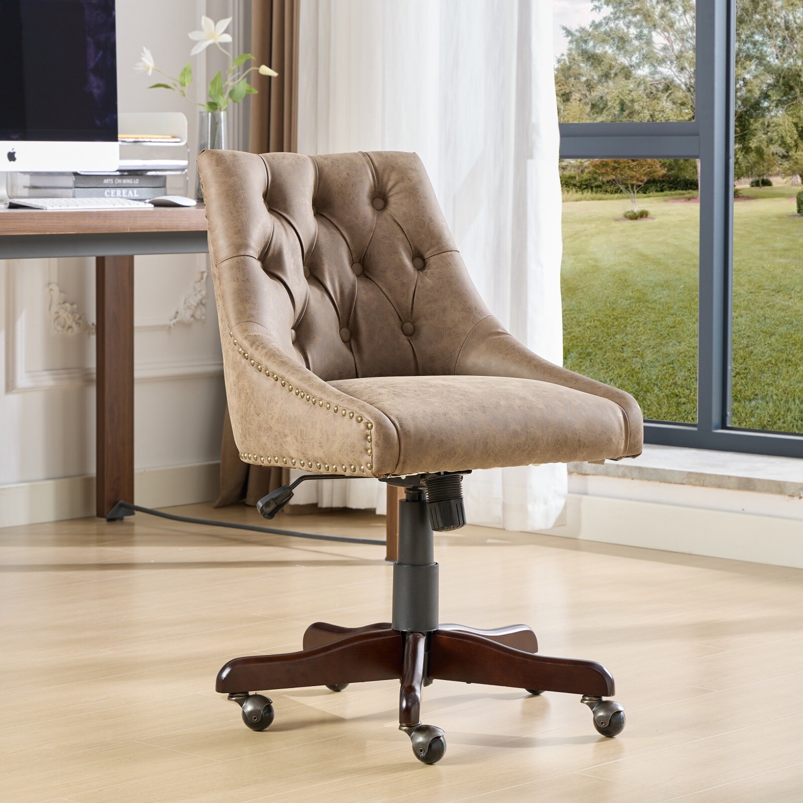 Medieval Vintage Style Home Office Chair with Sheepskin Pattern Fabric Lift Swivel and Recline Functions Brown