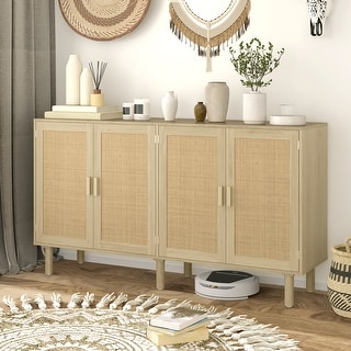 HOMCOM Boho Sideboard, 46.9" Buffet Cabinet with 3 Decorative Rattan ...