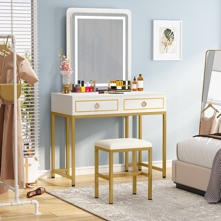 White and Gold Makeup Vanity Table with LED Lights and 2 Drawers for ...
