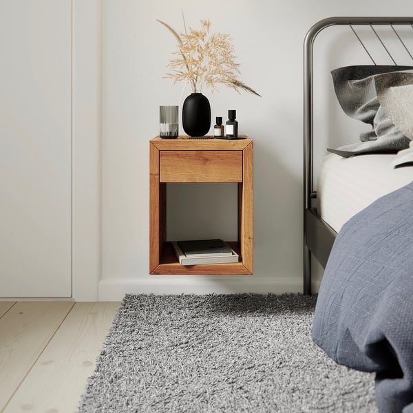 Artisan Oak Floating Nightstand with Modern Wall-Mounted Drawer - Bed ...