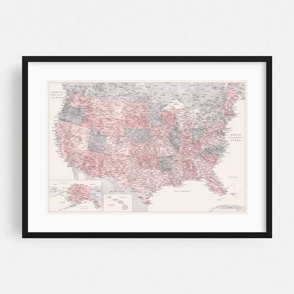 Detailed pink map of the United States Madelia Maps Art Print/Poster ...