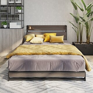Mocha Wood Queen Platform Bed with Built-in Socket - Convenient and ...