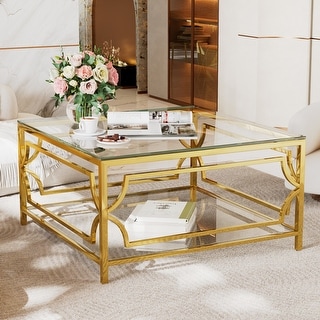 33.5" Square Glass Coffee Table, Gold Geometric Metal Frame, Lower ...