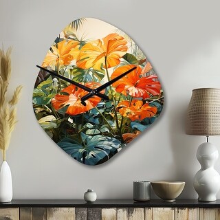 Orange Green Tropical Foliage IV - Abstract Botanicals Large Wall Clock ...
