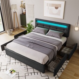Grey Linen LED-Lit Platform, Adjustable Height, 4 Drawers - Bed Bath ...