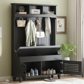 5-in-1 Entryway Bench with Shutter-shaped doors, Coat Rack, Cushion and ...