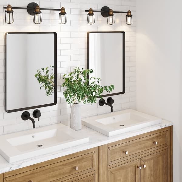 Nathan James Rori Vanity Wall Light Indoor 3-Light Bathroom with Farmhouse Cage Sconce and Brass ...