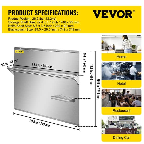 VEVOR Range Backsplash with Shelf Hood Wall Shield Stainless Steel ...