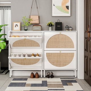 Natural Rattan Shoe Rack with 2 Door and Iron Feet - Bed Bath & Beyond ...