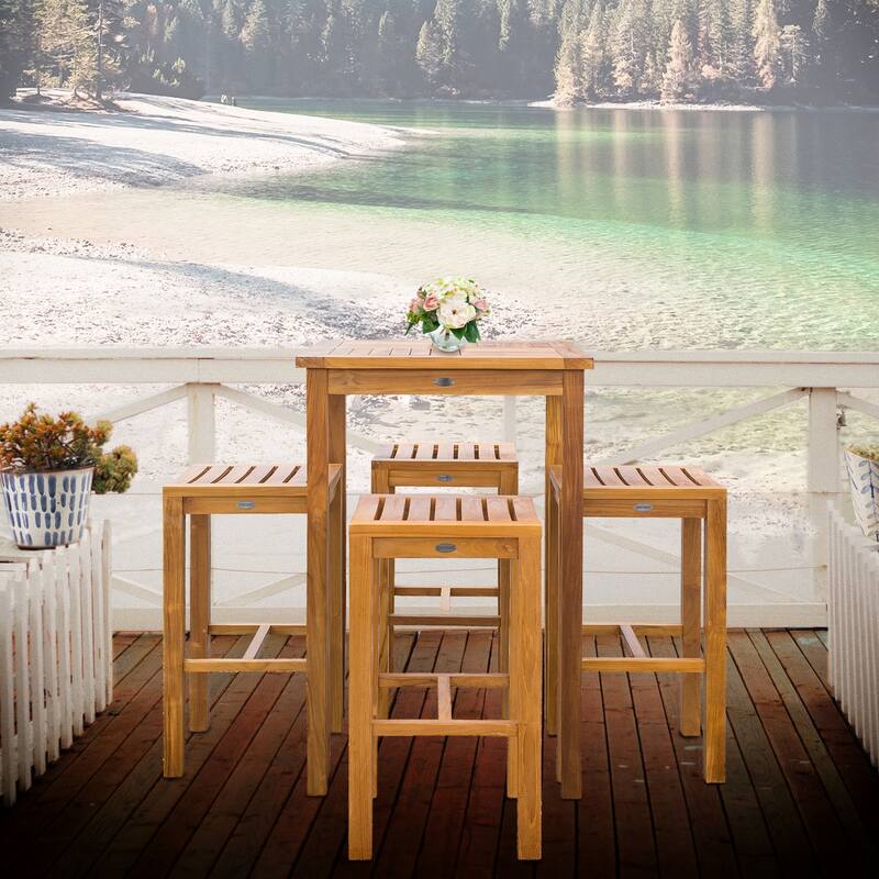 Chic Teak 5 Piece Teak Wood Havana Small Patio Bistro Bar Set with 27 ...