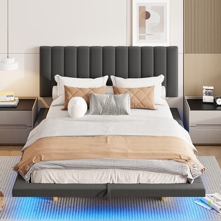 Gray Upholstered Platform Bed Frame Floating Bed with LED Light and USB ...