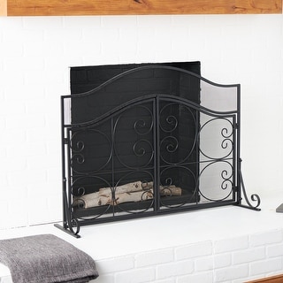 Black Metal Arched 1 Panel 2 Door Scroll Fireplace Screen with Mesh ...