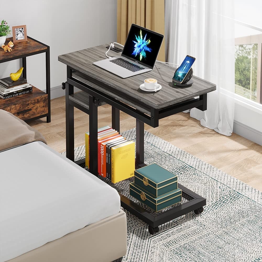 Height Adjustable Small Portable Desk C Side Table with Outlet and USB Ports