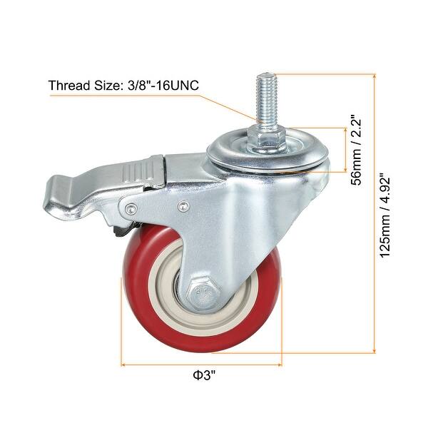 PU Swivel Threaded Stem Casters 3/8"-16UNC with Brake 88lbs, Red 4pcs ...