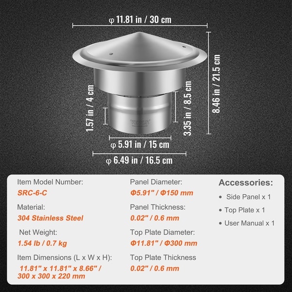 VEVOR Chimney Cap 6-inch 304 Stainless Steel Round Roof Rain Cap Cover ...